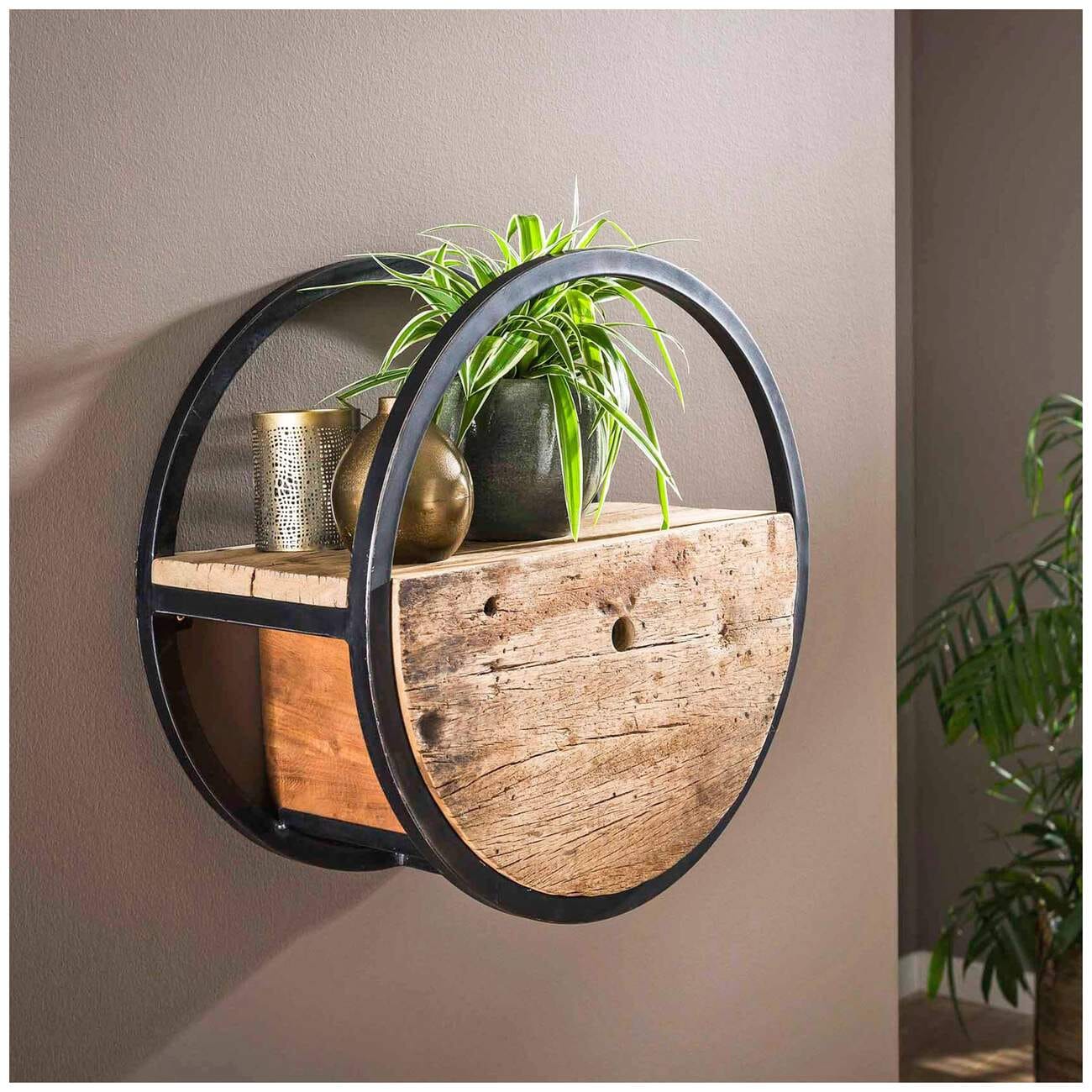 Wandregal OUD 50 rund Stahlrahmen Hartholz Altholz mit Schublade