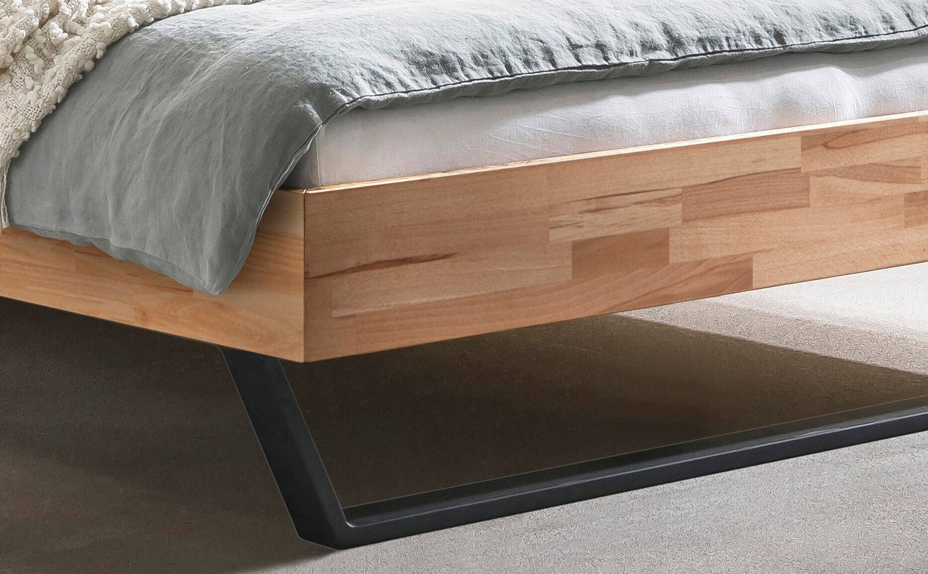 Hasena PIETRO Kufen Massivholzbett Kernbuche Kopfteil Polster Grau