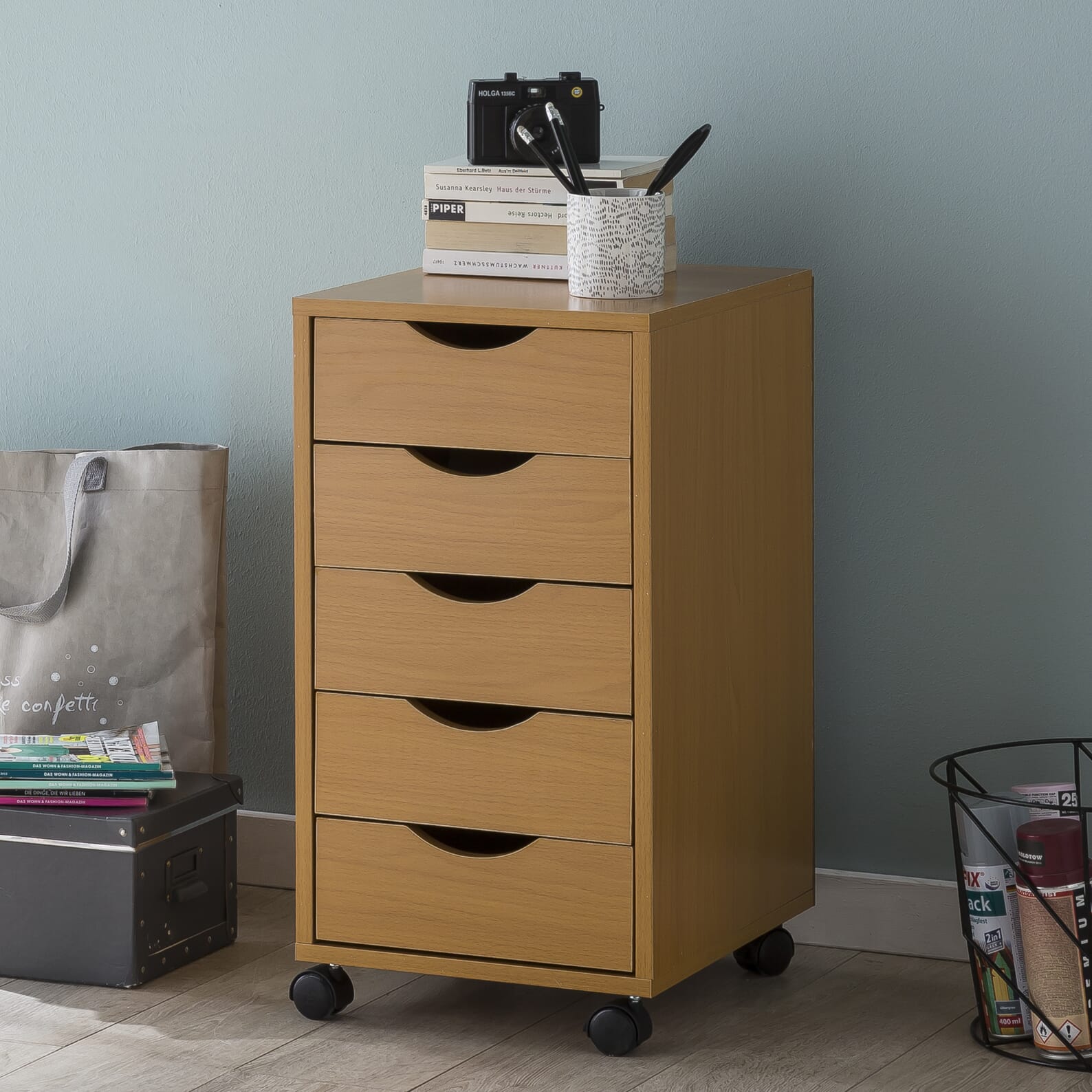 Rollcontainer WL5.924 33x64x38cm Buche MDF 5 Schubladen Bürocontainer