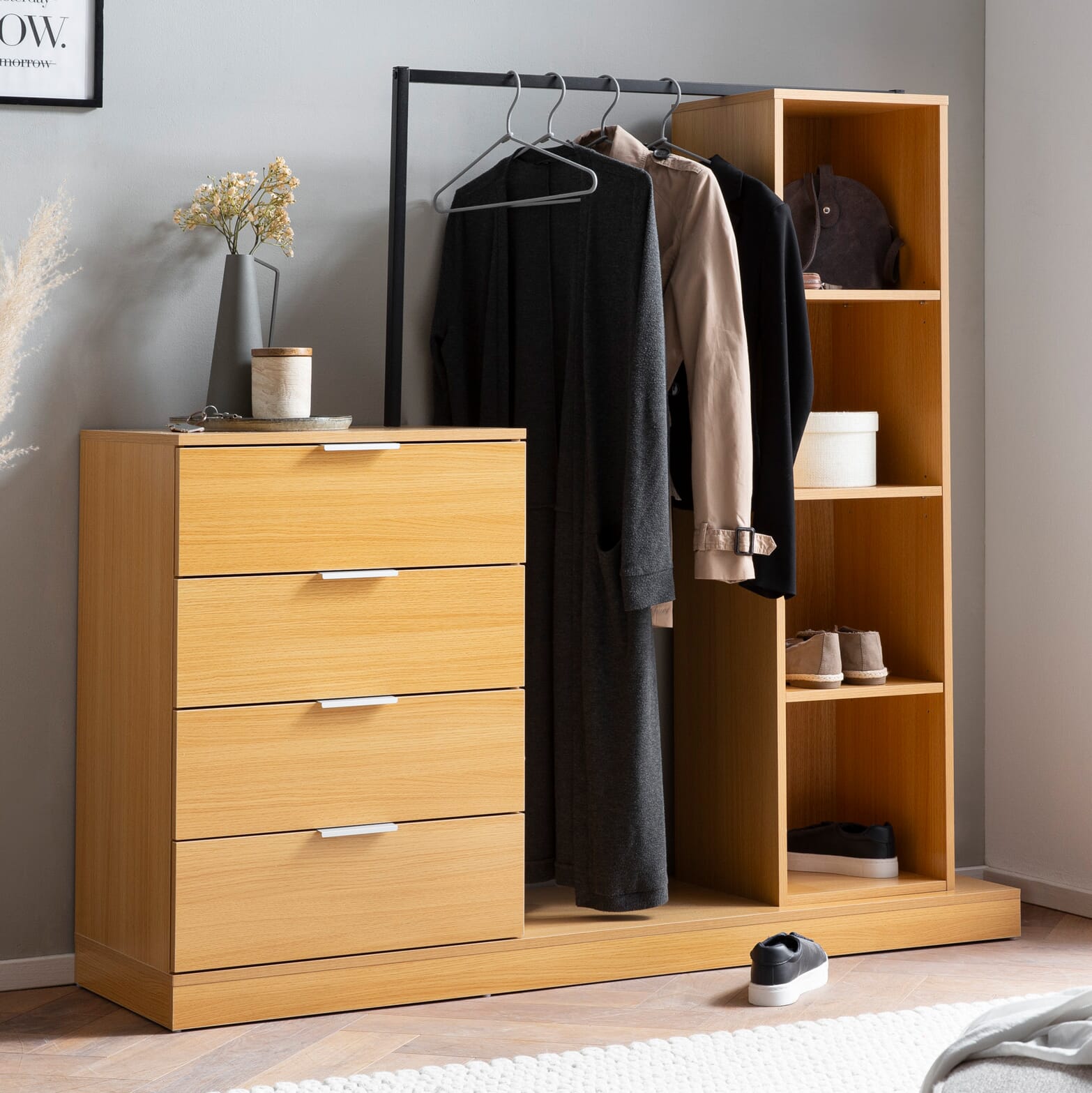 Garderobe Eiche-Dekor 145x136x40cm Flur Modern mit Kommode & Regal